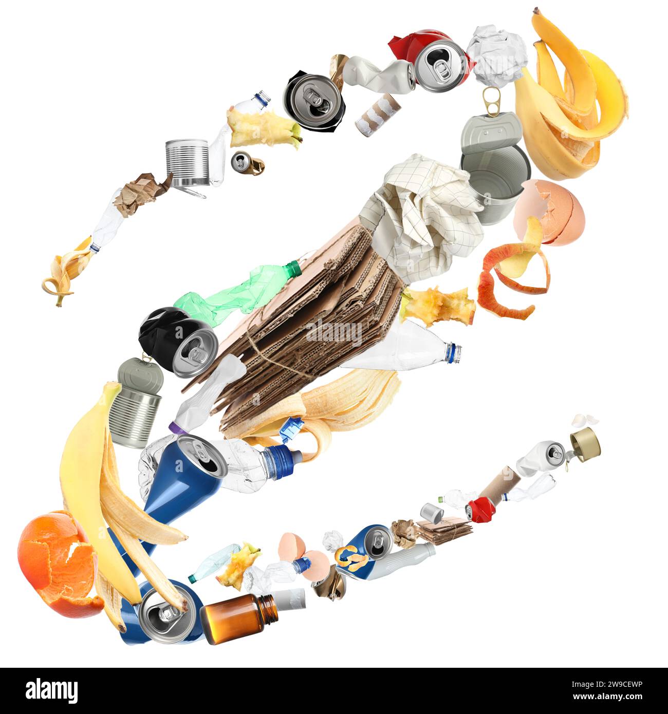 Lots of different garbage flying on white background Stock Photo - Alamy