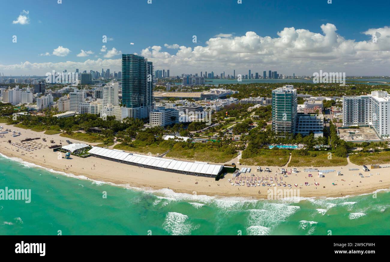 American southern seashore of Miami Beach city. Tourist infrastructure ...