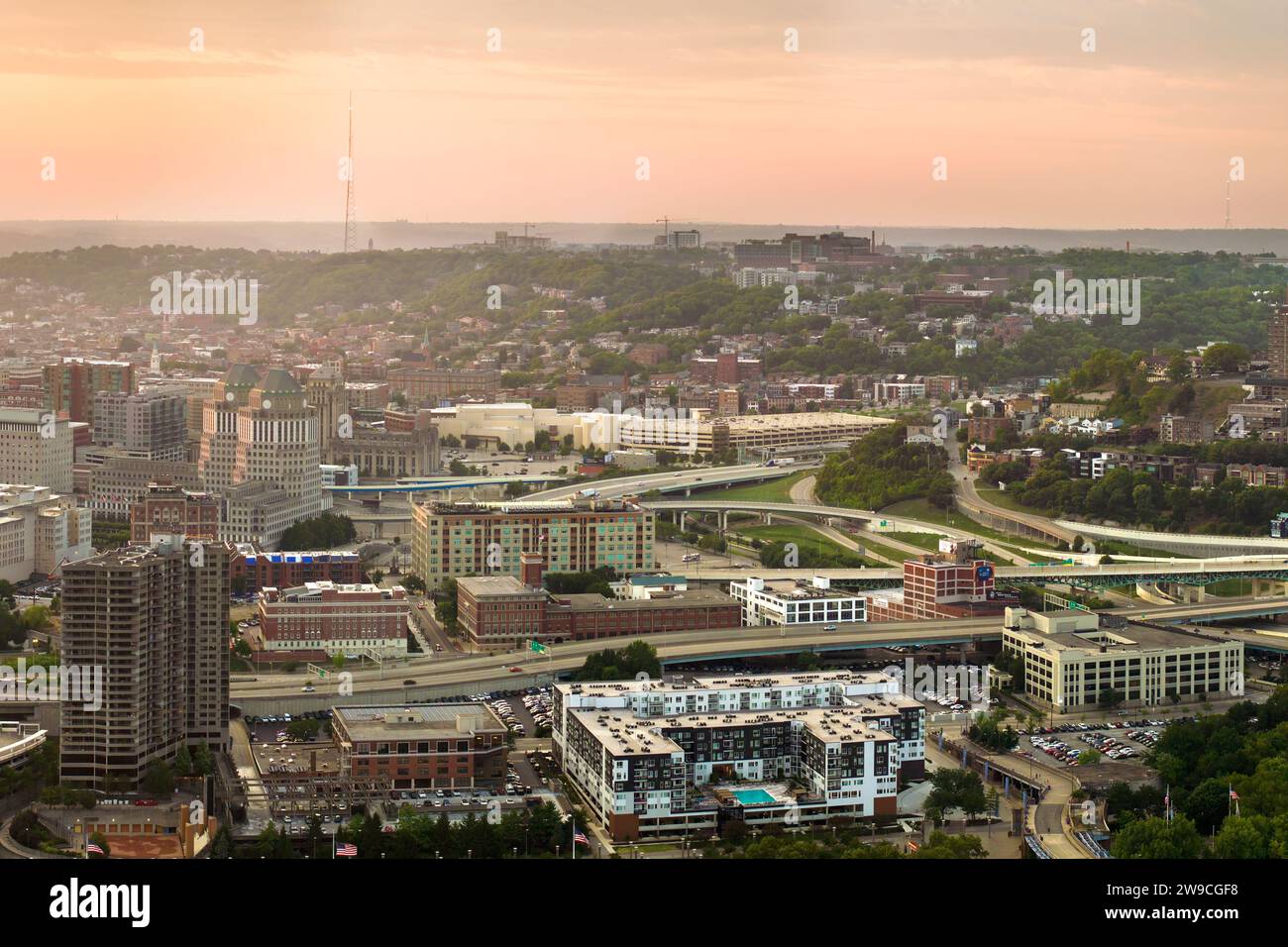 Aerial view of American freeway intersection at sunset with fast ...