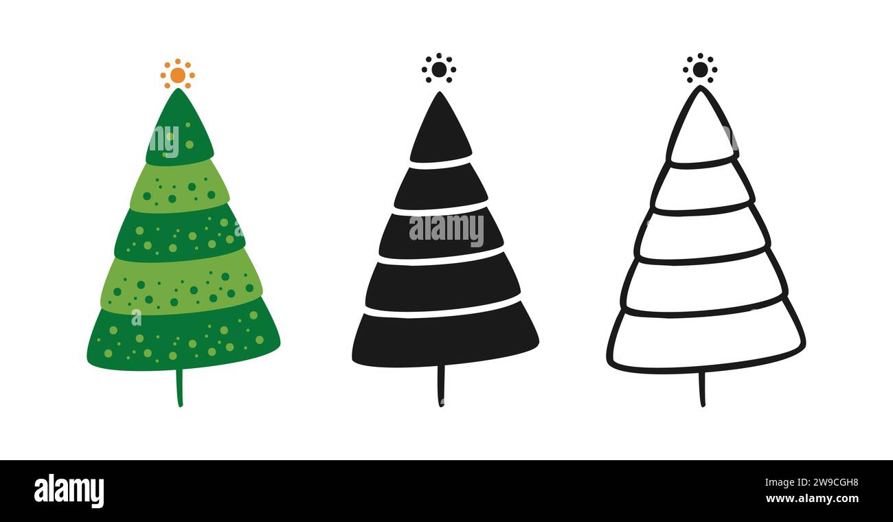 Christmas tree symbol cartoon and doodle, stamp stylized set. New Years ...