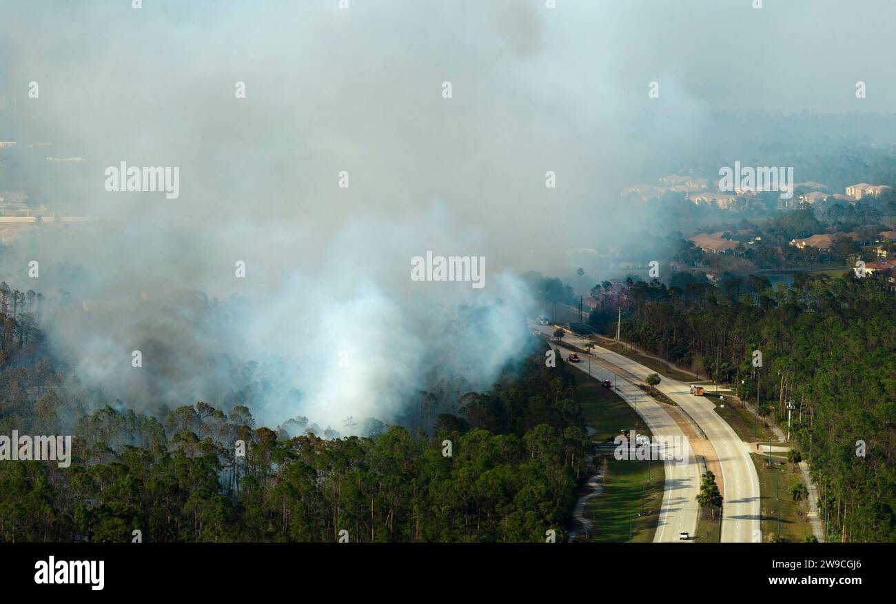 Aerial view of fire department firetrucks extinguishing wildfire ...