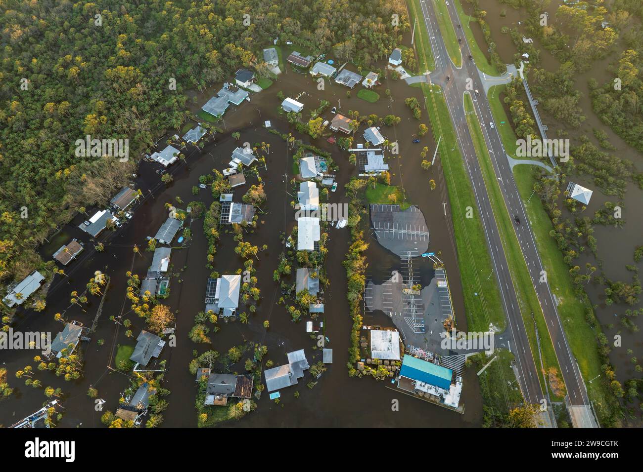 Aftermath of natural disaster. Surrounded by hurricane Ian rainfall ...