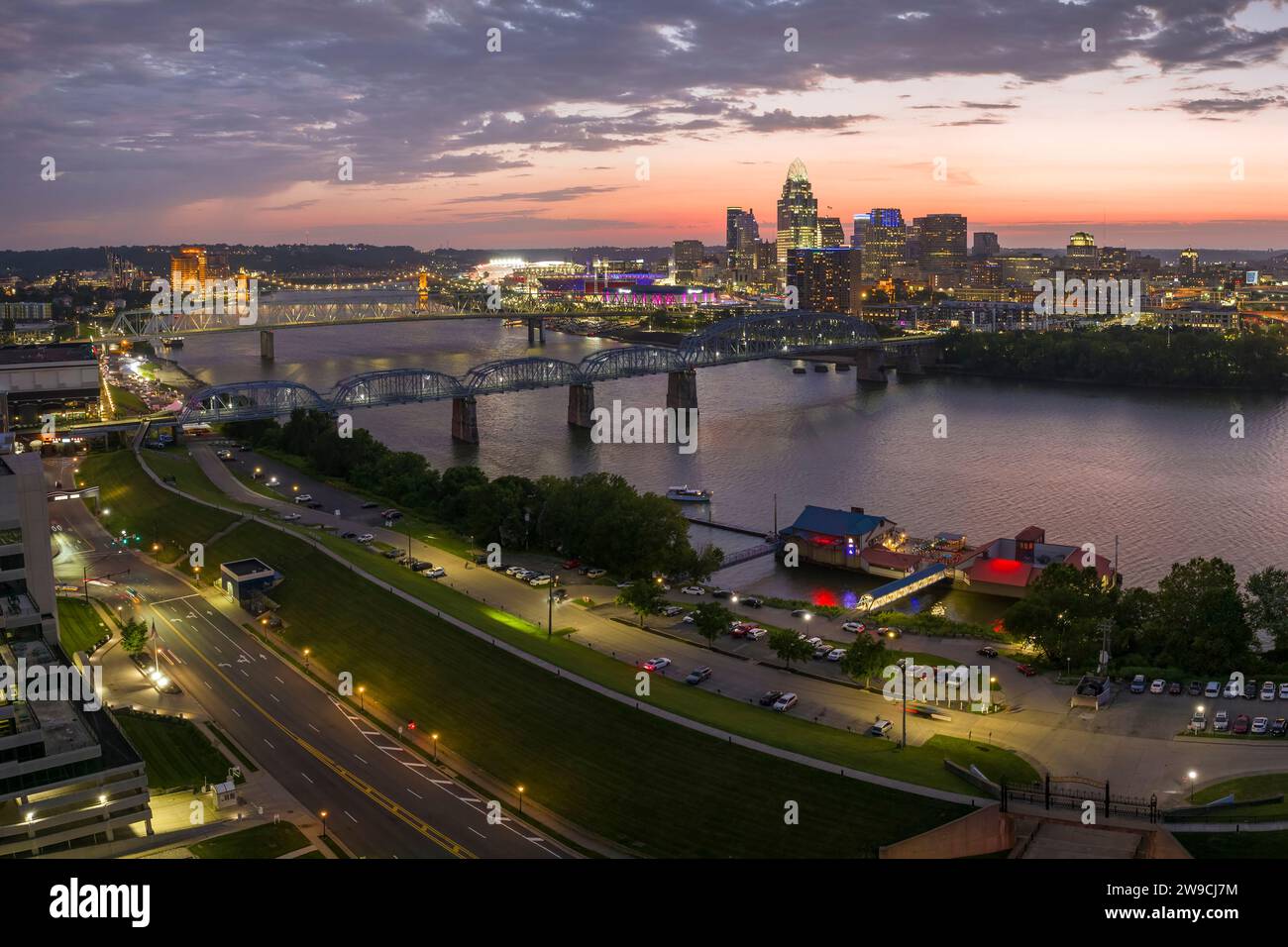 Aerial view of downtown district highway traffic in Cincinnati city ...