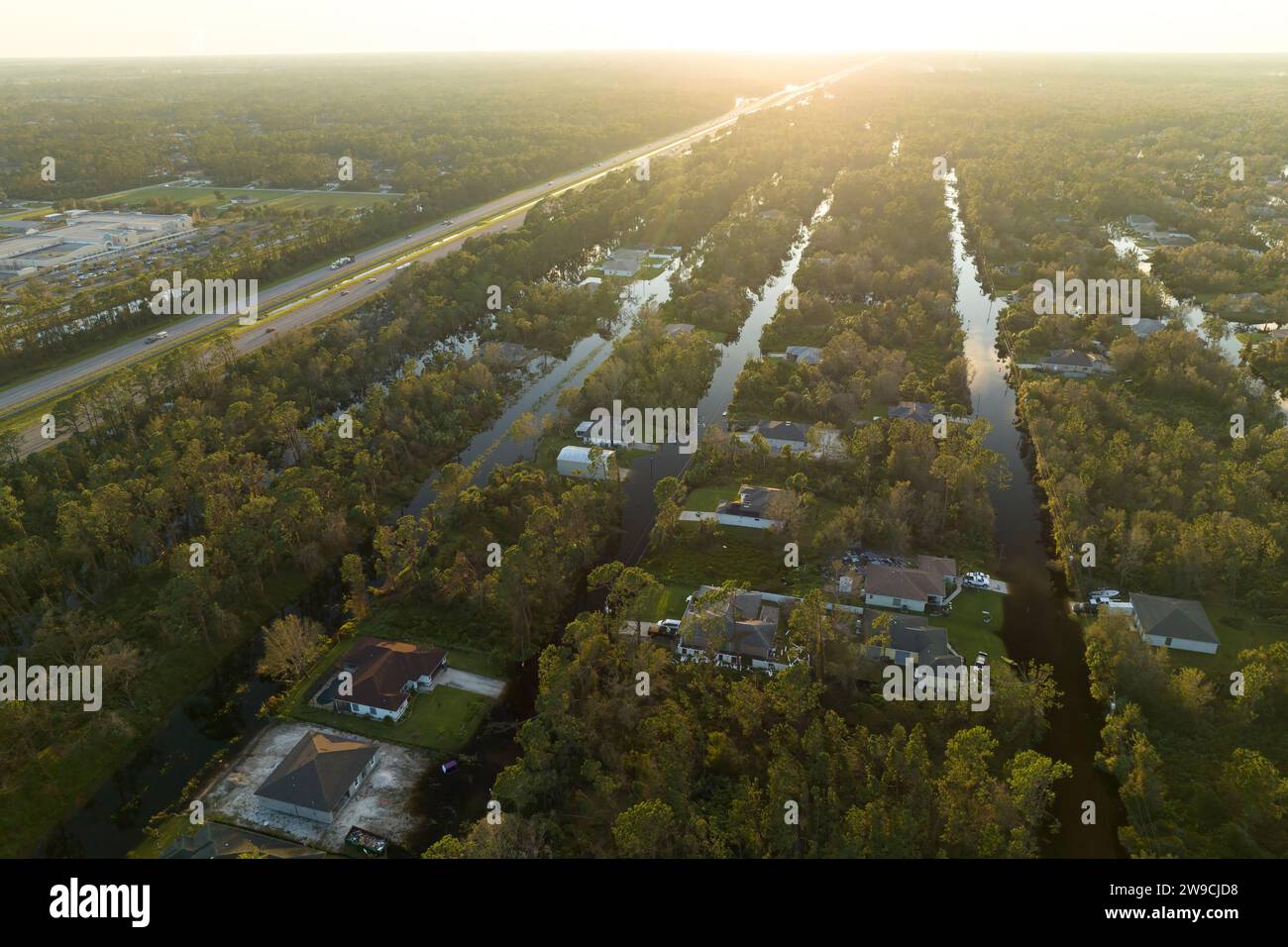 Consequences of natural disaster. Heavy flood with high water ...