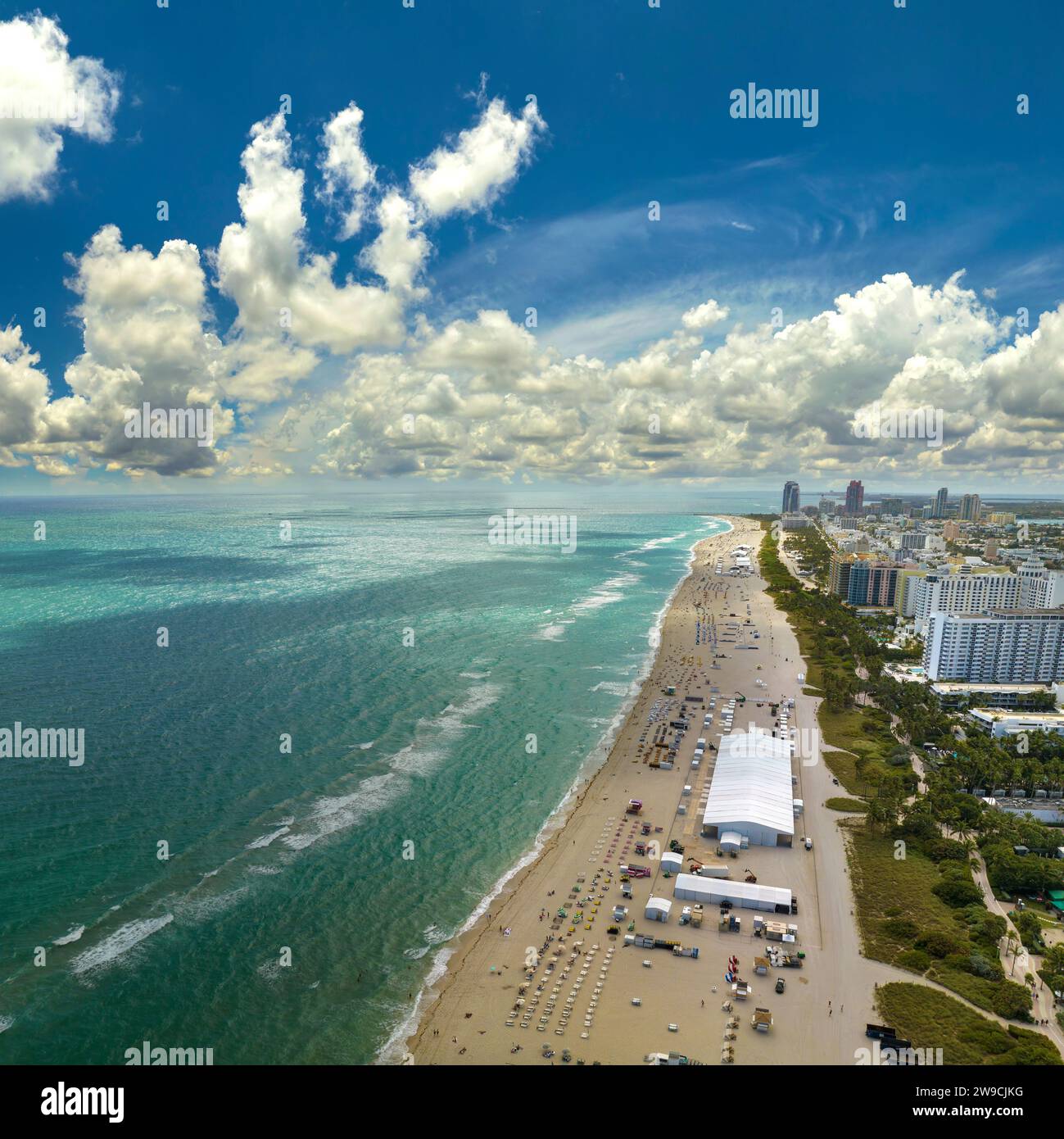 Tourism infrastructure in southern USA. South Beach sandy surface with ...