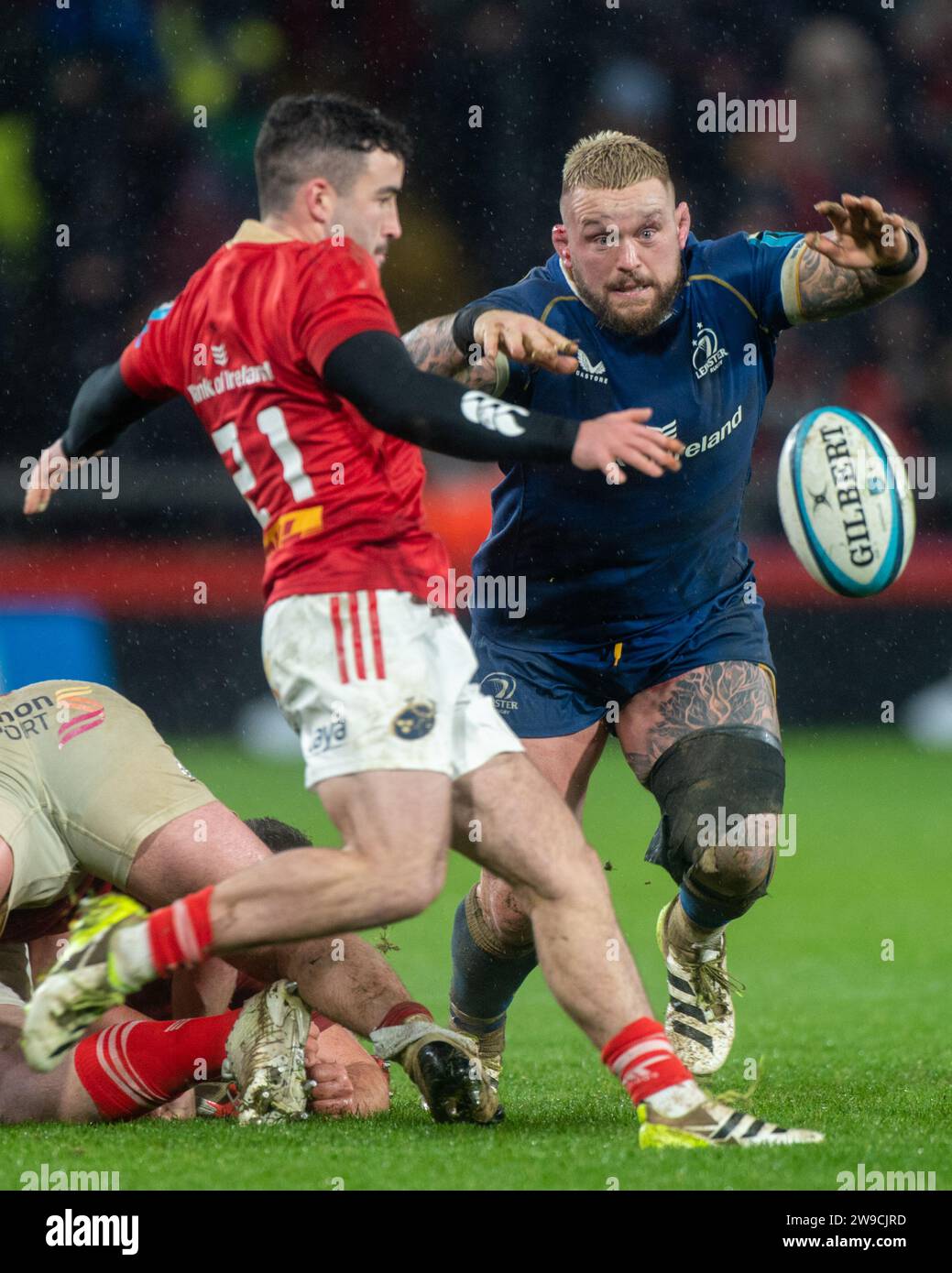 Limerick, Ireland. 27th Dec, 2023. Paddy Patterson of Munster kicks the ...