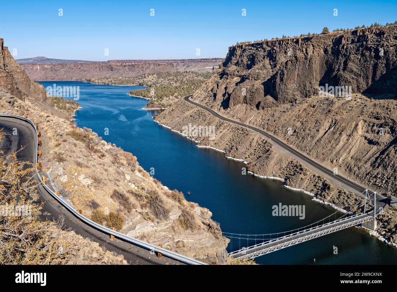 Aerial view of the canyon and bridge crossing the Deschutes River at ...