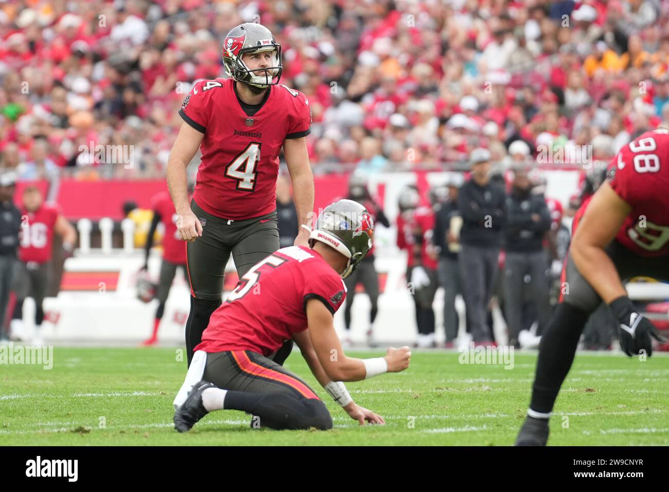 Tampa Bay Buccaneers place kicker Chase McLaughlin (4) looks at the ...