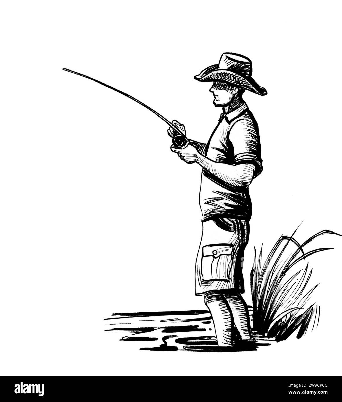 Man with a fishing rod. Hand-drawn ink black and white sketch Stock ...