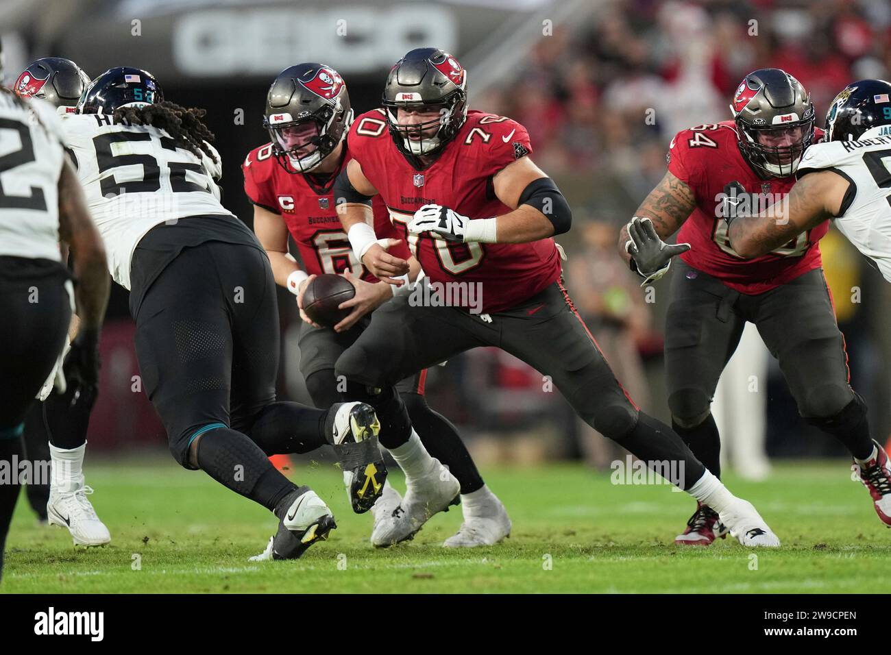 Tampa Bay Buccaneers center Robert Hainsey (70) run blocks during an ...