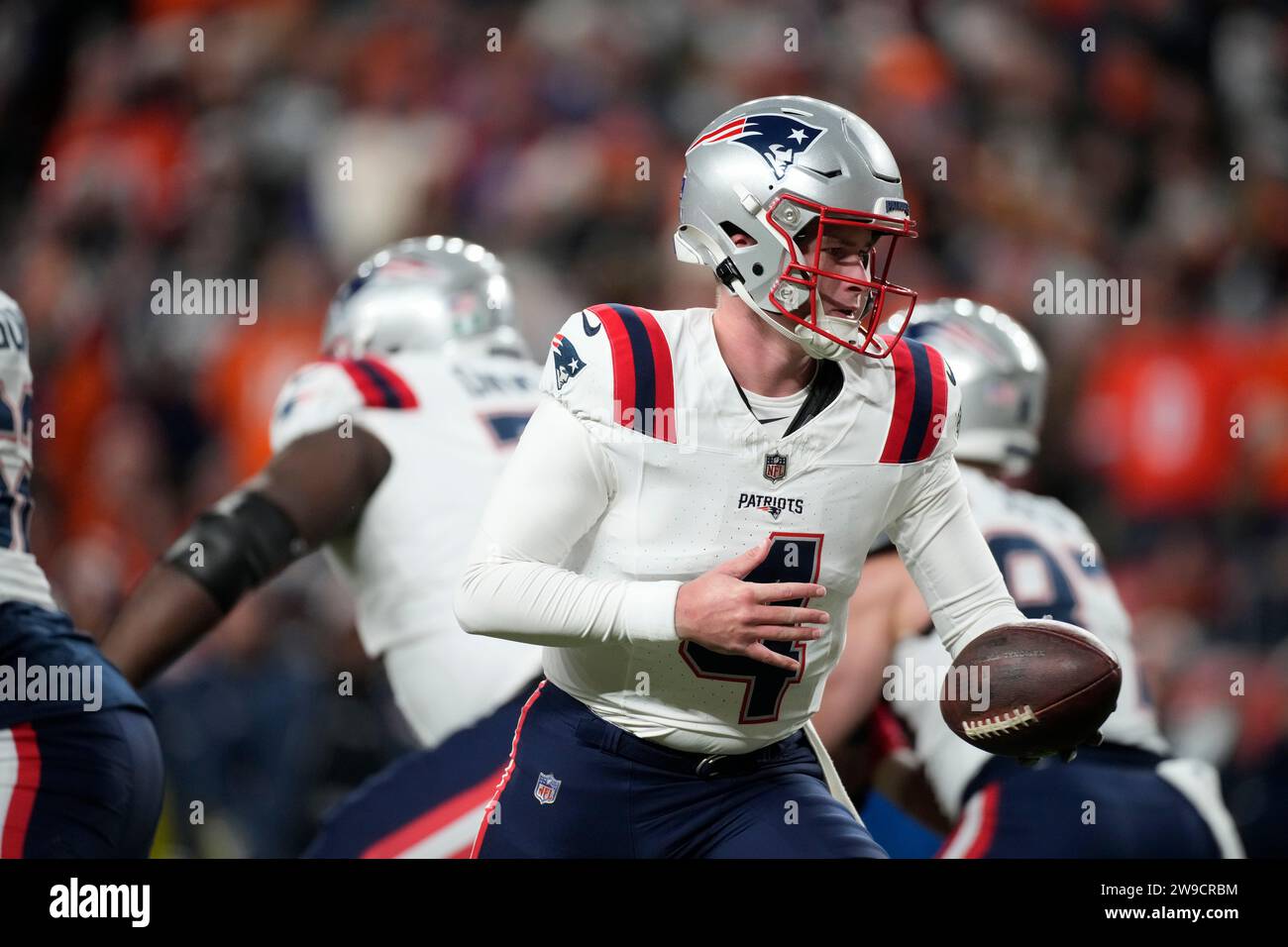 New England Patriots quarterback Bailey Zappe (4) in the first half of ...