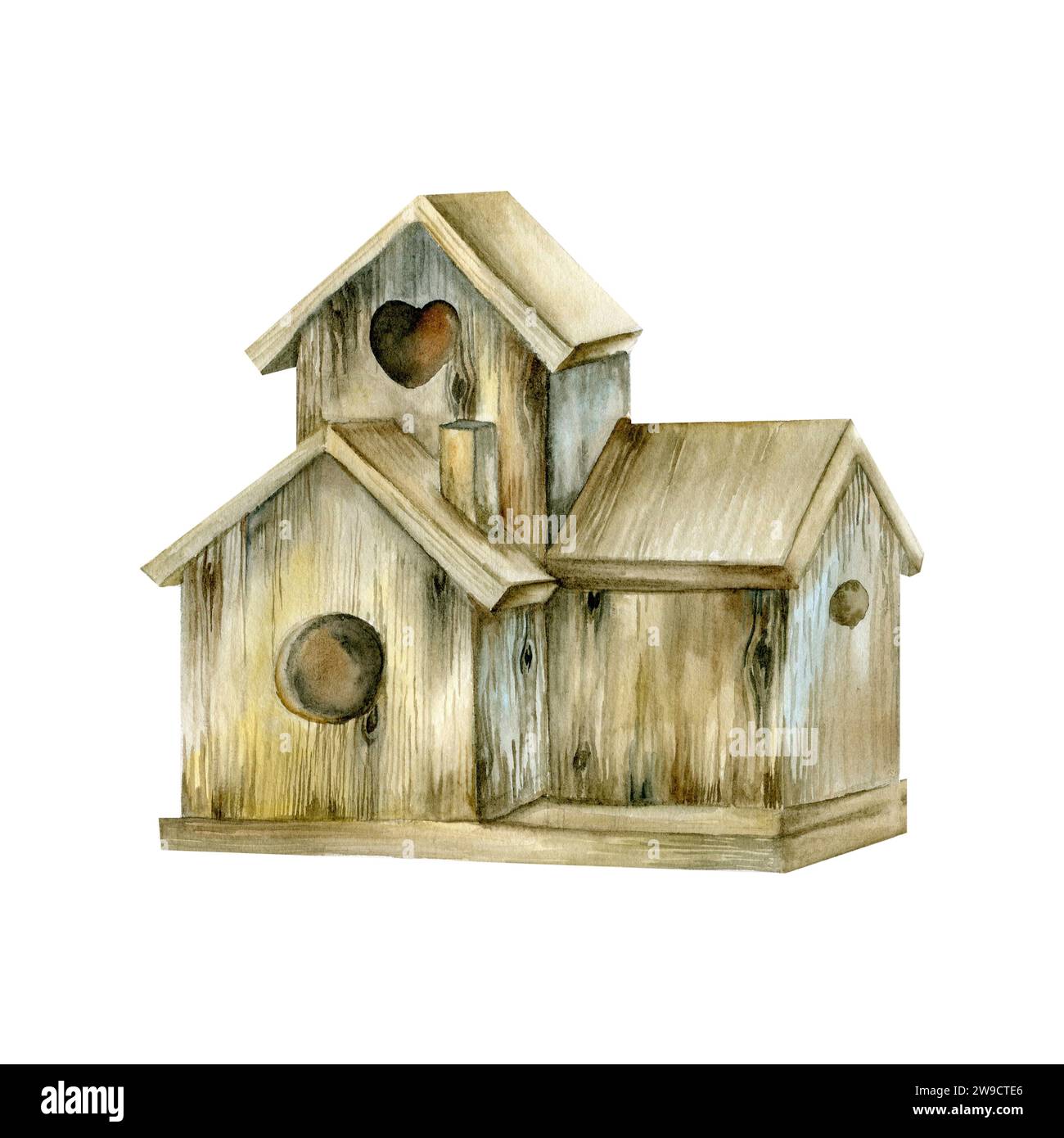 Watercolor wooden bird house with wooden roof illustration. Hand drawn ...