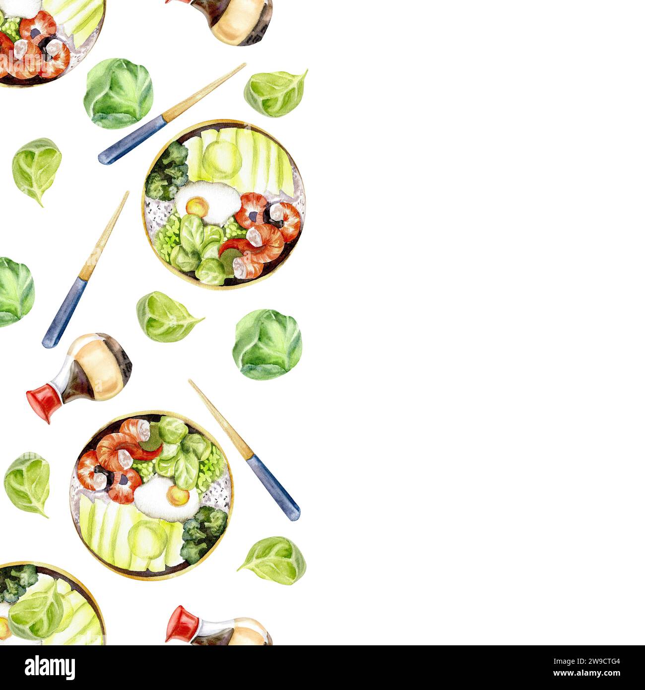 Watercolor asian food illustration seamless border. Korean traditional ...