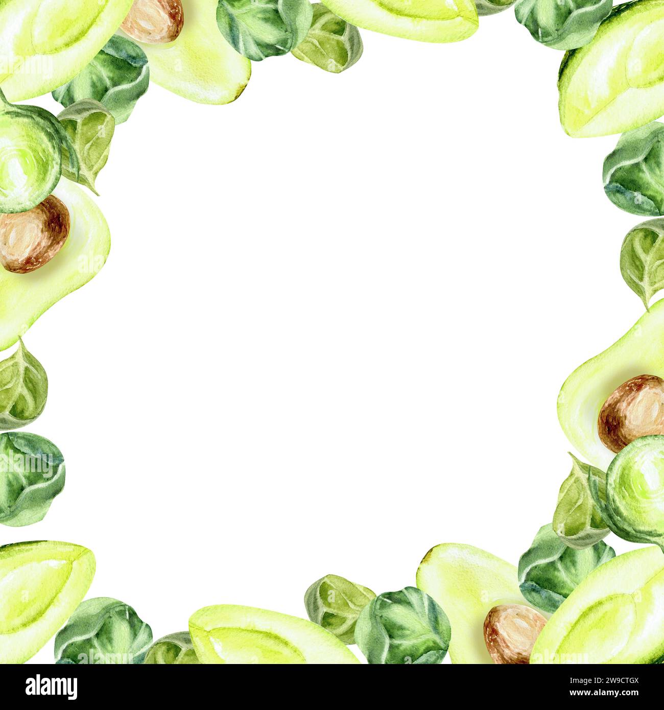 Watercolor green vegetables frame. Hand drawn round border with avocado ...