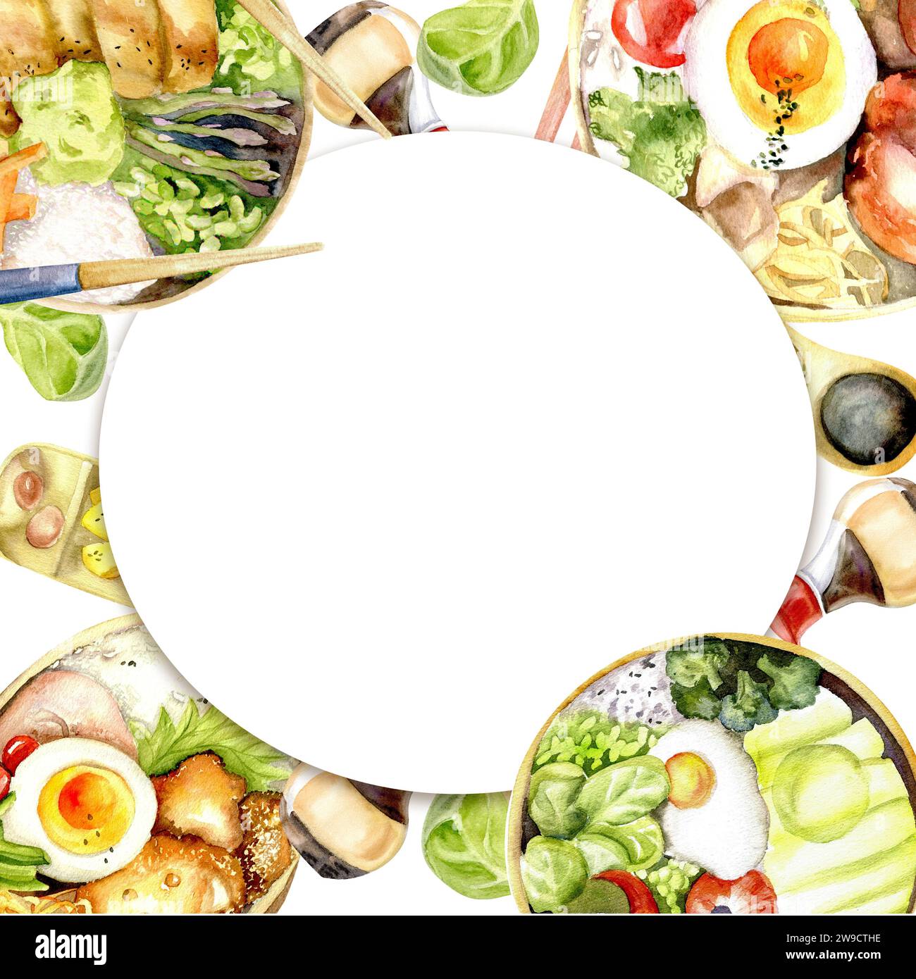 Watercolor hand drawn asian food frame. Poke, rice bowl, obento, soy ...