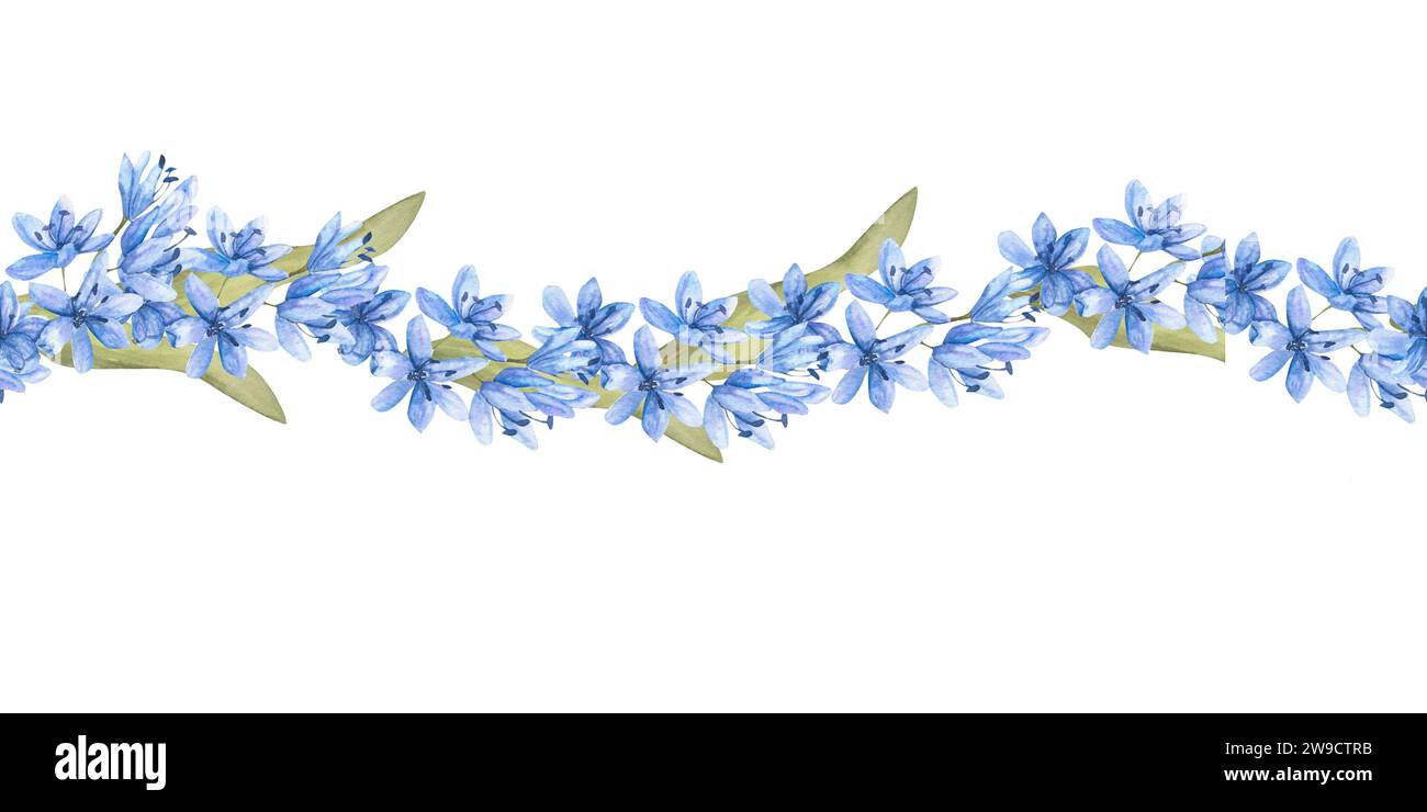 Watercolor blue flowers seamless border. Spring easter vintage pale ...