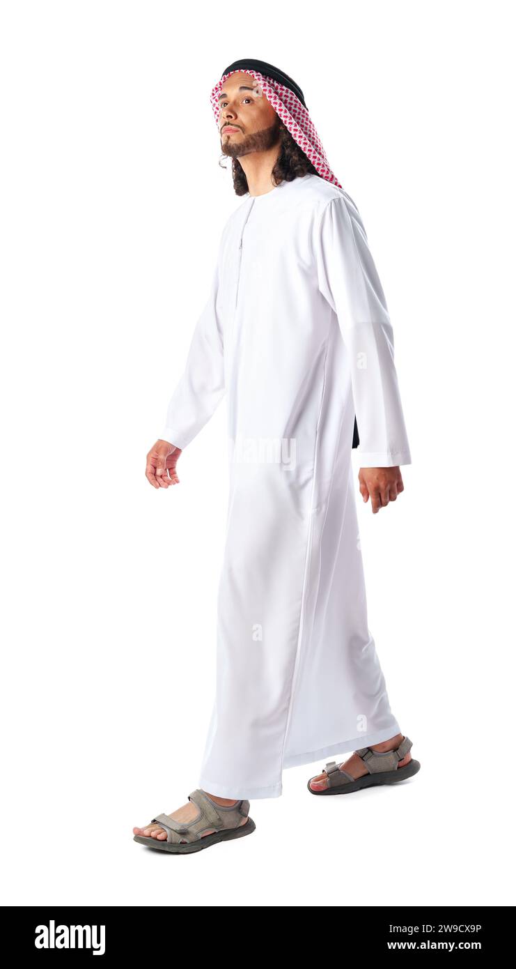 Full-length portrait of young middle-east man in thobe dress on white ...