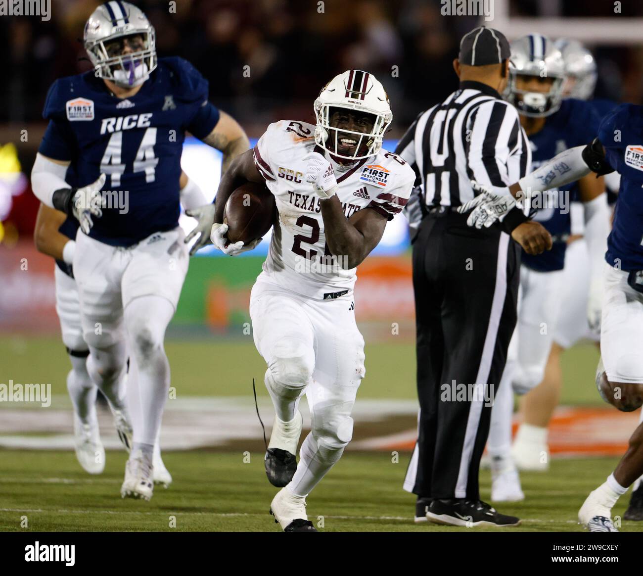 December 26, 2023: Texas State running back Ismail Mahdi (21) smiles as ...