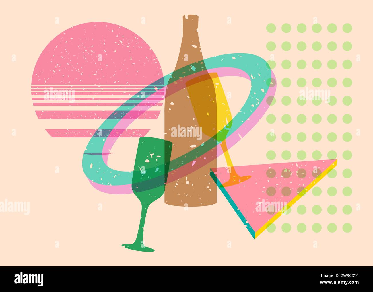 Risograph Champagne glass and bottle with geometric shapes. Objects in ...