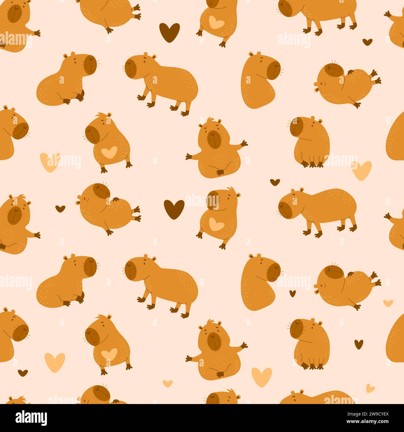 Seamless pattern. Cute animal capybaras on beige background. Vector illustration for design ...