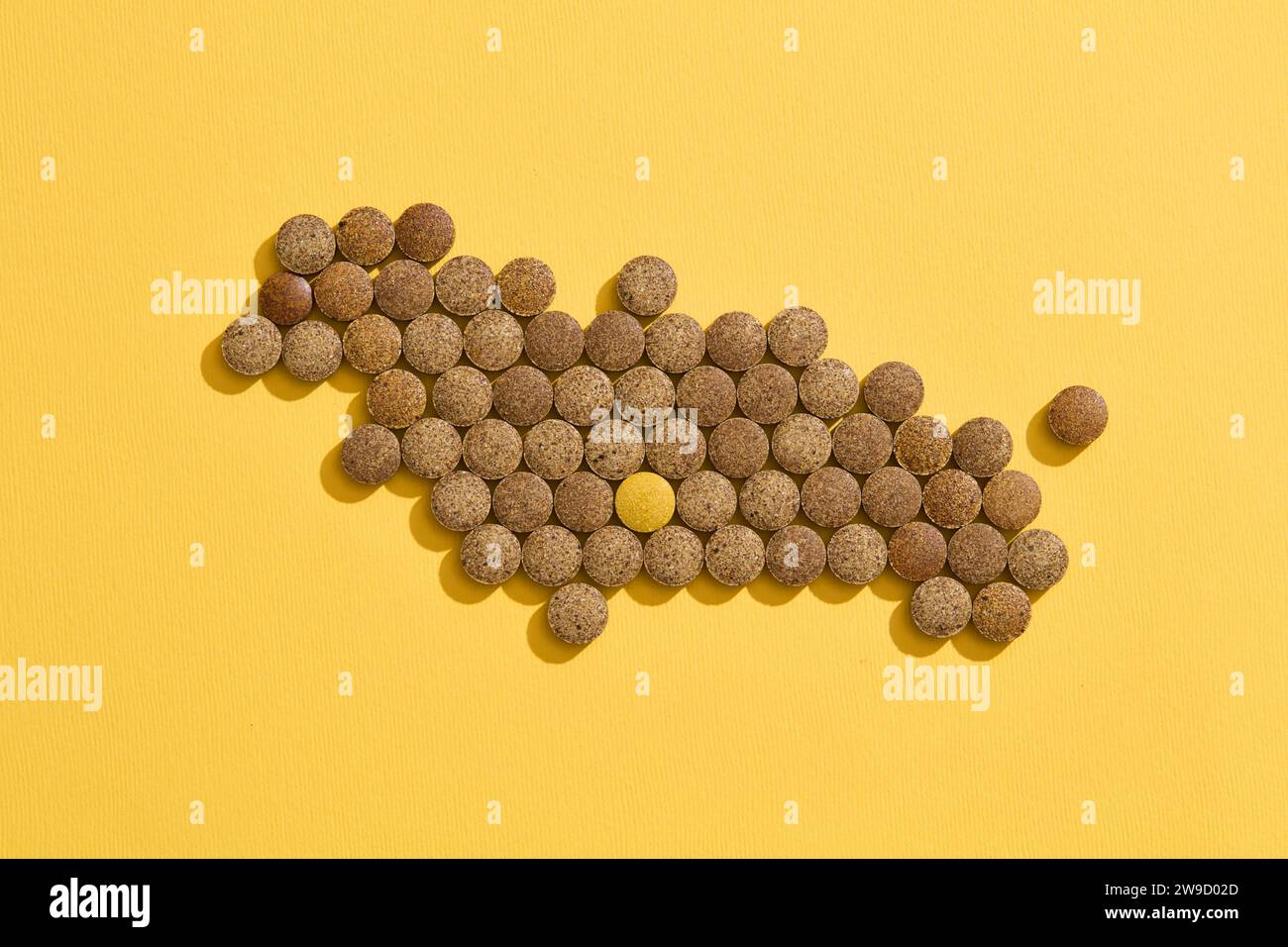 On a yellow background, round brown pills are neatly arranged. The ...