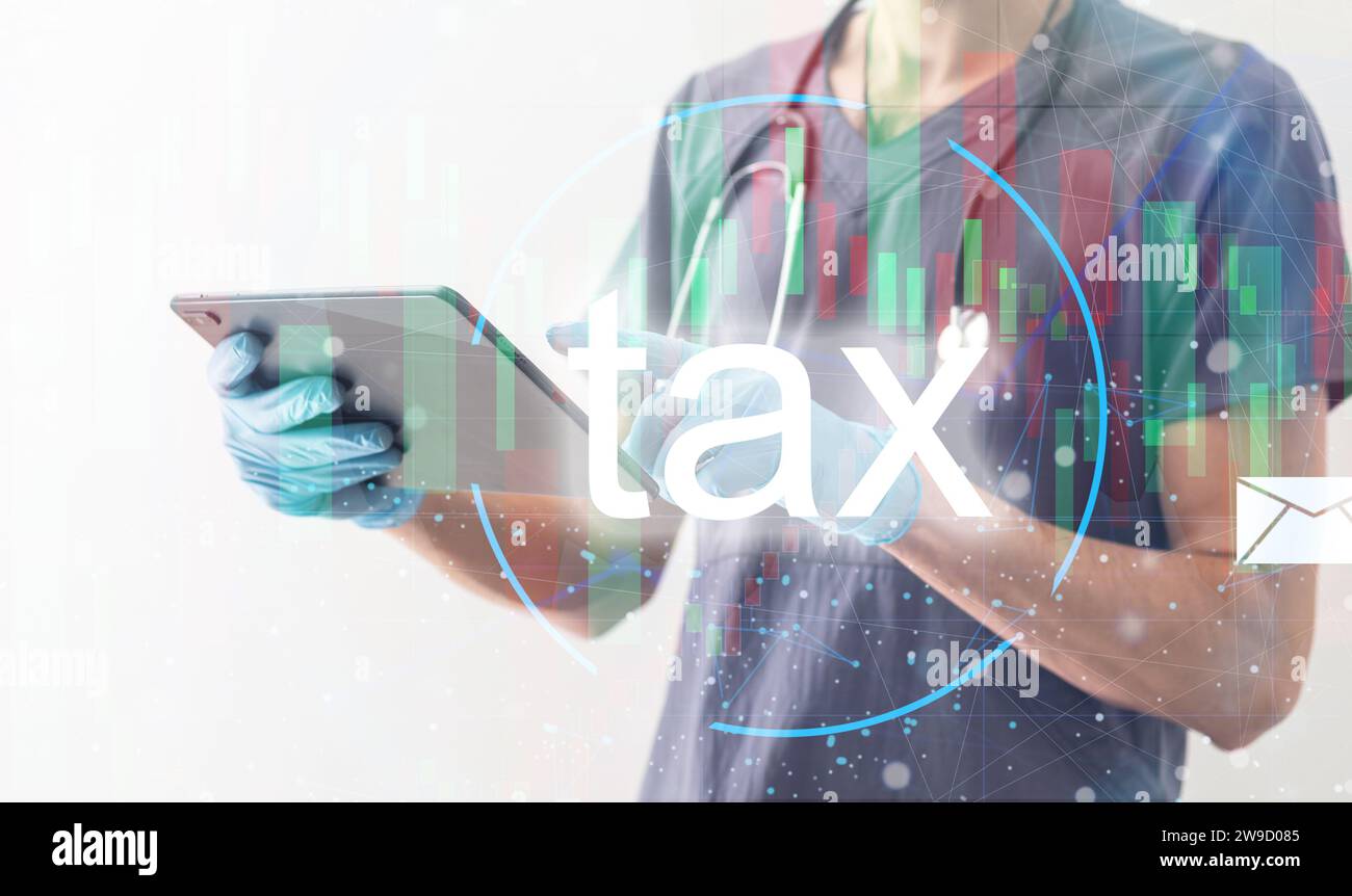 Doctor using innovative virtual touch screen presses tax button healthcare network on internet ...