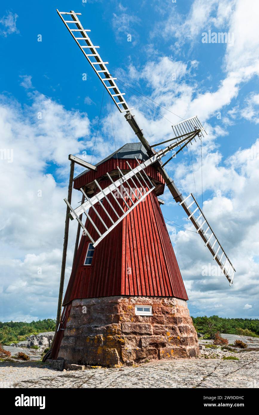Ulseröd windmill with wooden façade in red colour on a hill near ...