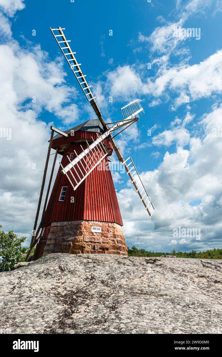 Ulseröd windmill with wooden façade in red colour on a hill near ...