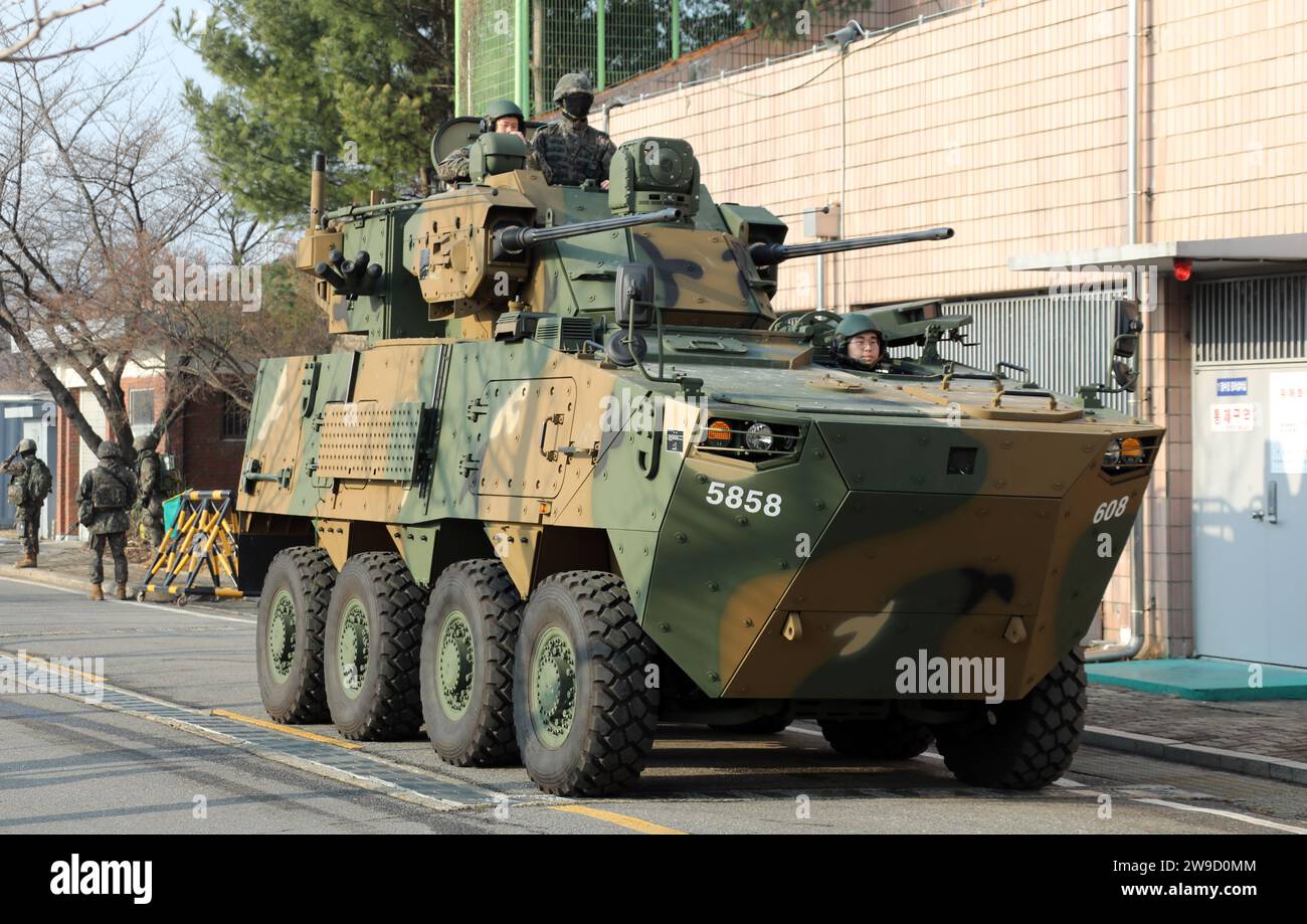 27th Dec, 2023. Anti-drone drill A K30W Chunho wheeled anti-aircraft ...