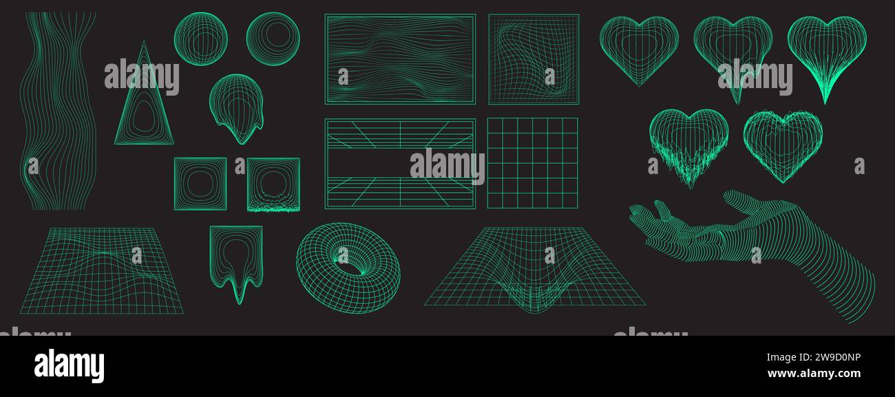 Y2k grid abstract shape and design elements. Wireframe vector ...