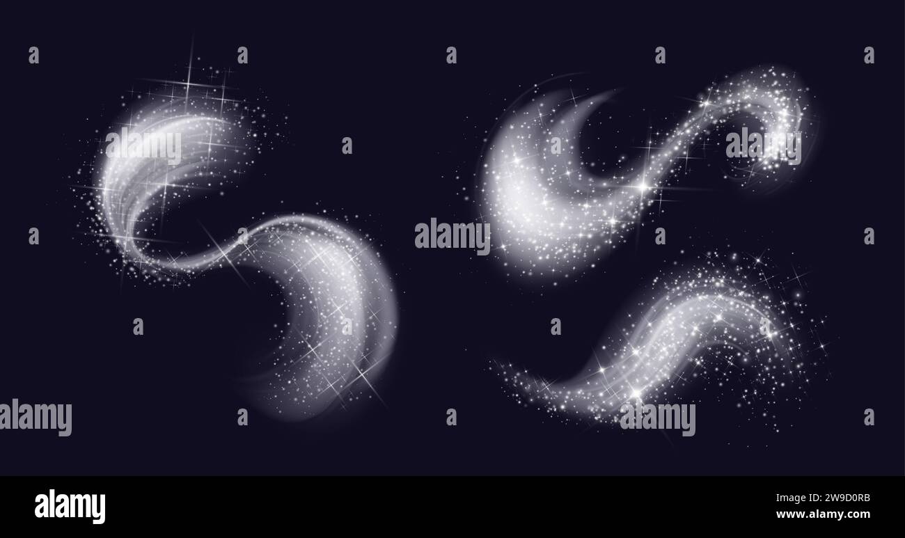 Shimmering white swirls set isolated on black background. Vector ...