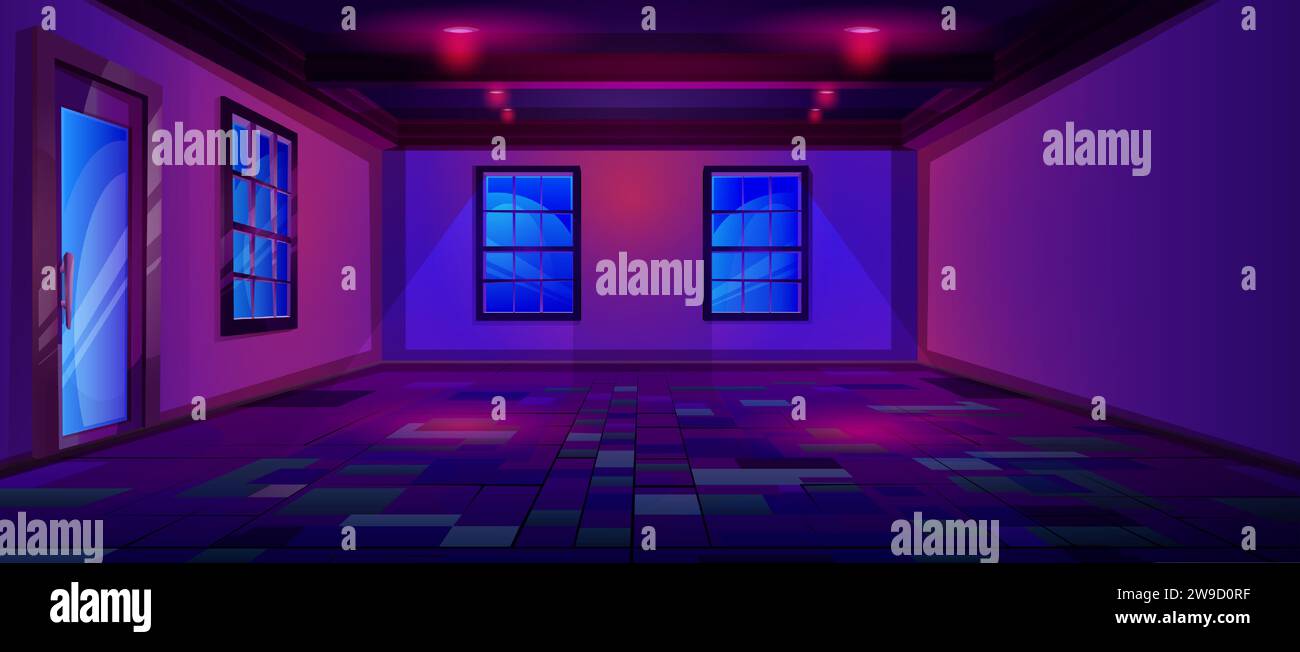 Empty room with door and windows at night. Cartoon vector illustration ...