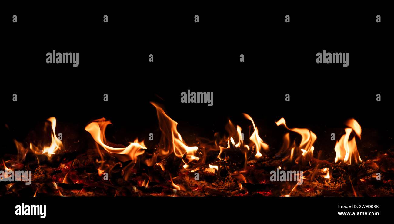 Fire flames on black background. Blazing campfire at night isolated on ...