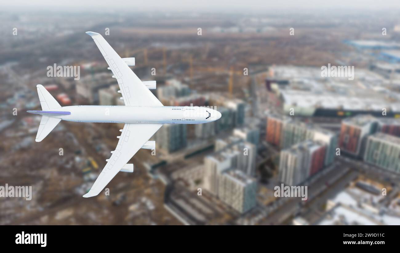 plane flies above the landscape. Side view of aircraft. Travel and ...