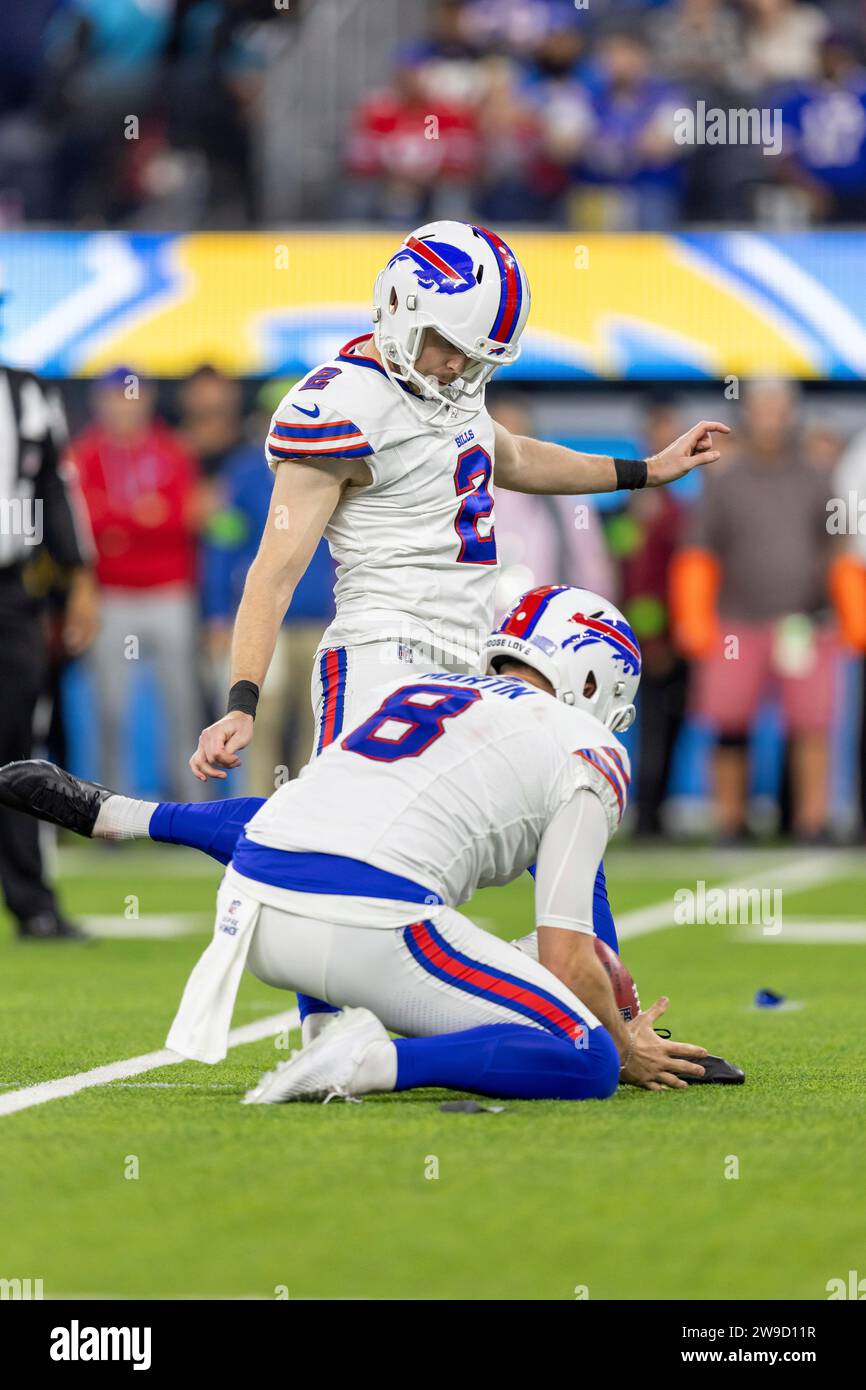 Buffalo Bills kicker Tyler Bass (3) kicks a field goal against the Los ...