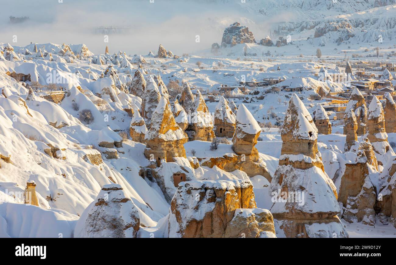 Pigeon Valley and Cave town in Göreme in winter, Fairy chimneys ...