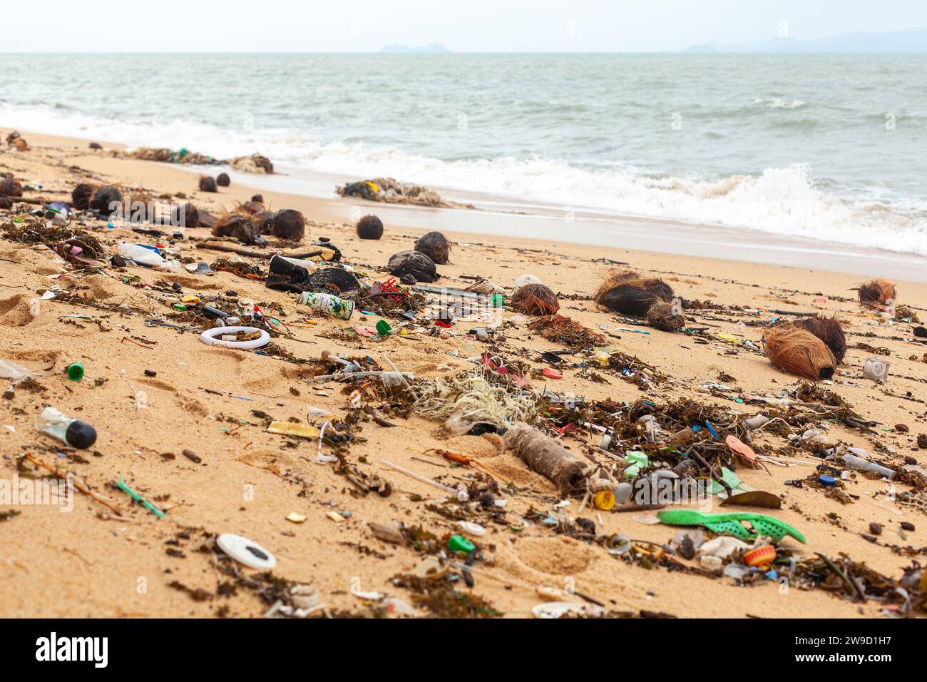 Garbage on sea beach, dirty ocean water, environmental pollution ...