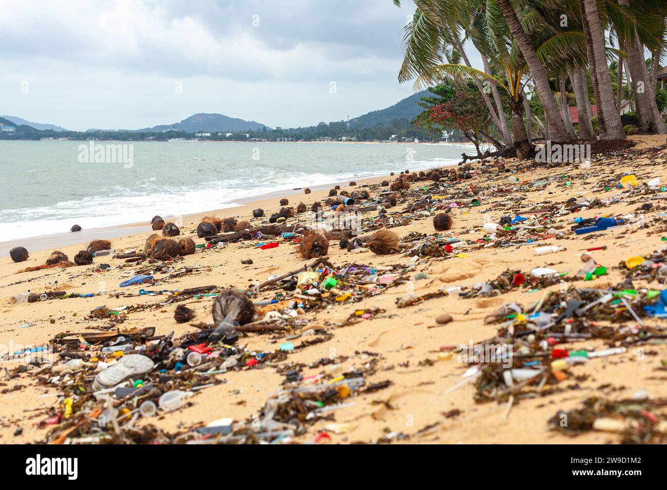 Garbage on sea beach, dirty ocean water, environmental pollution ...