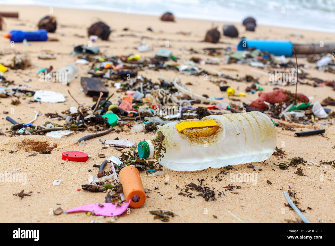 Garbage on sea beach, dirty ocean water, environmental pollution ...