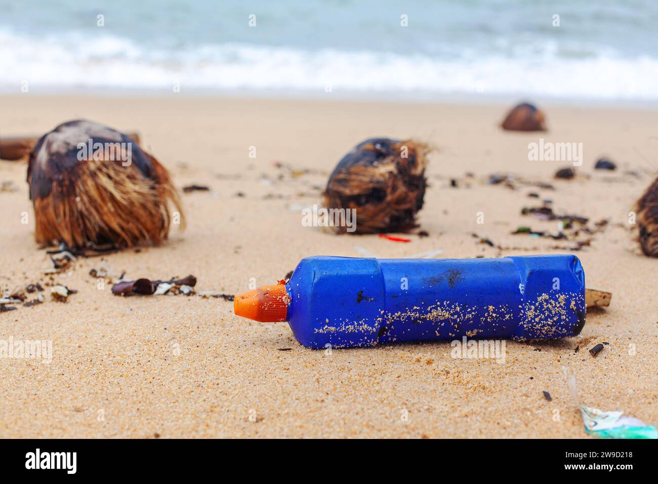 Garbage on sea beach, dirty ocean water, environmental pollution ...