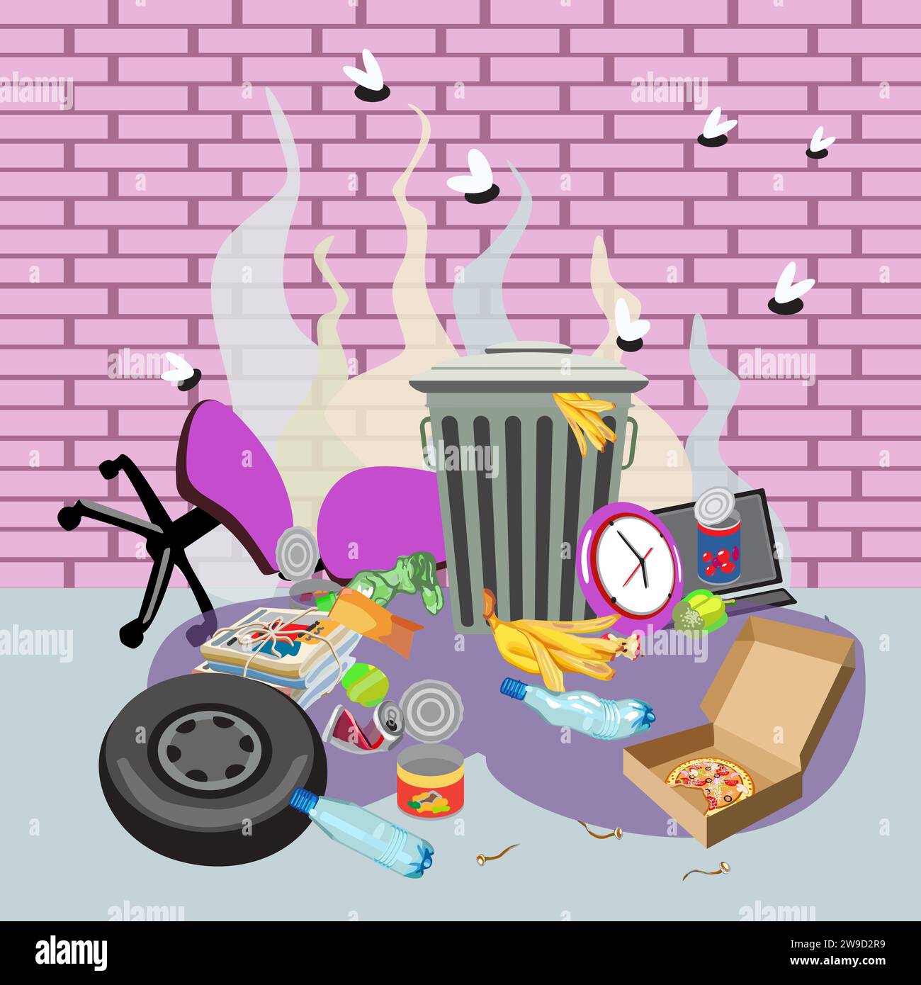 Garbage bin with unsorted waste next to a brick wall. Flies over ...