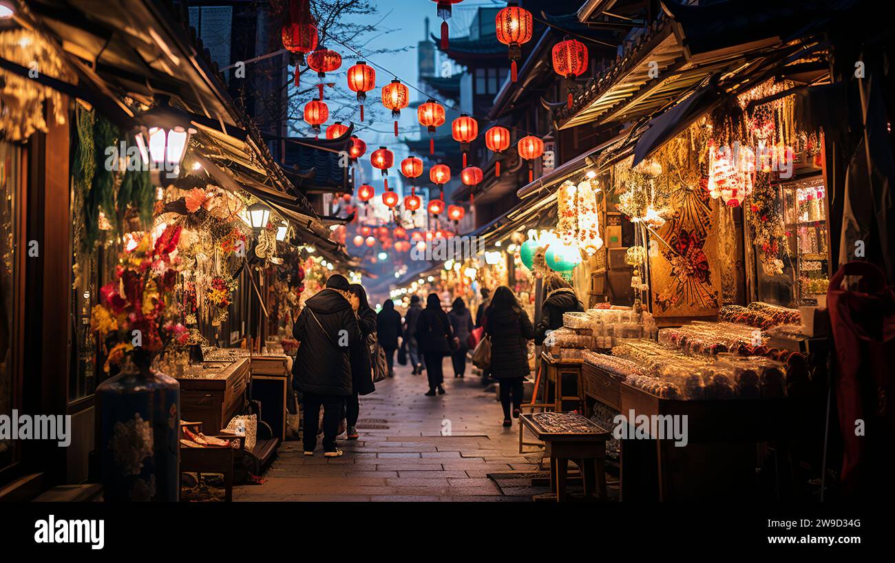 title. Vibrant Japanese Night Market. Colorful Buzz of Lantern-Lit ...
