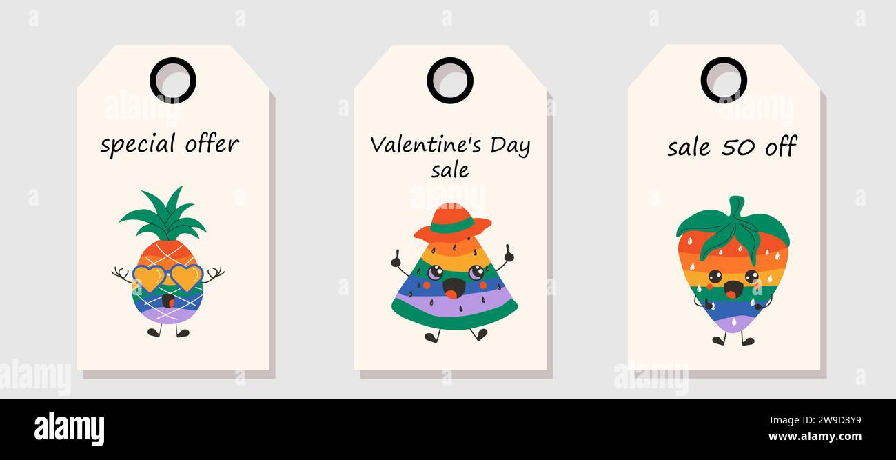 Vector set of discount price tags. Labels with Cute happy funny rainbow ...