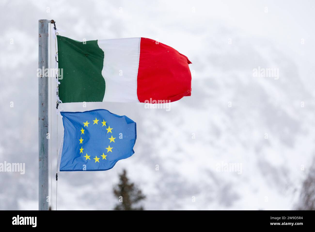 The flags of Italy and the EU (European Union) fly together against the ...