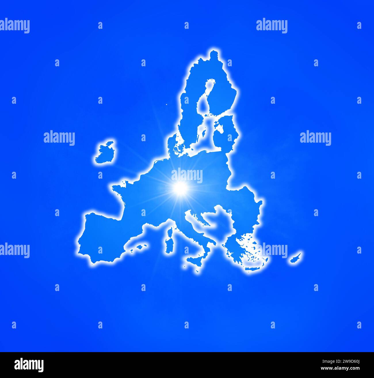 Map, outline of the European Union, EU, against blue sky with sun Stock ...