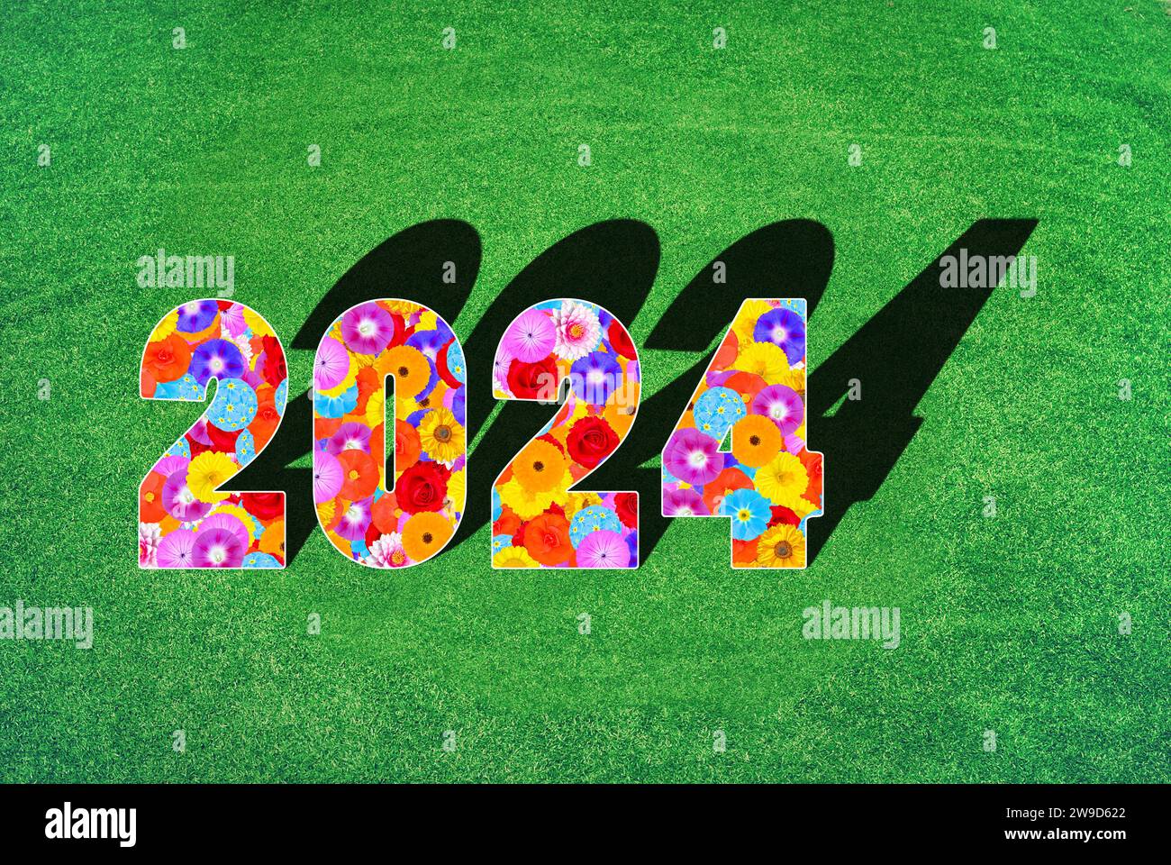Year, number 2024, written with floral pattern of many different ...