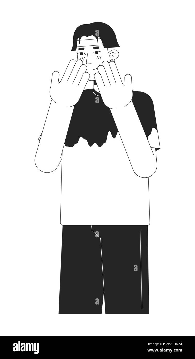 Face Covering Embarrassed Korean Young Man Black And White 2d Line Cartoon Character Stock