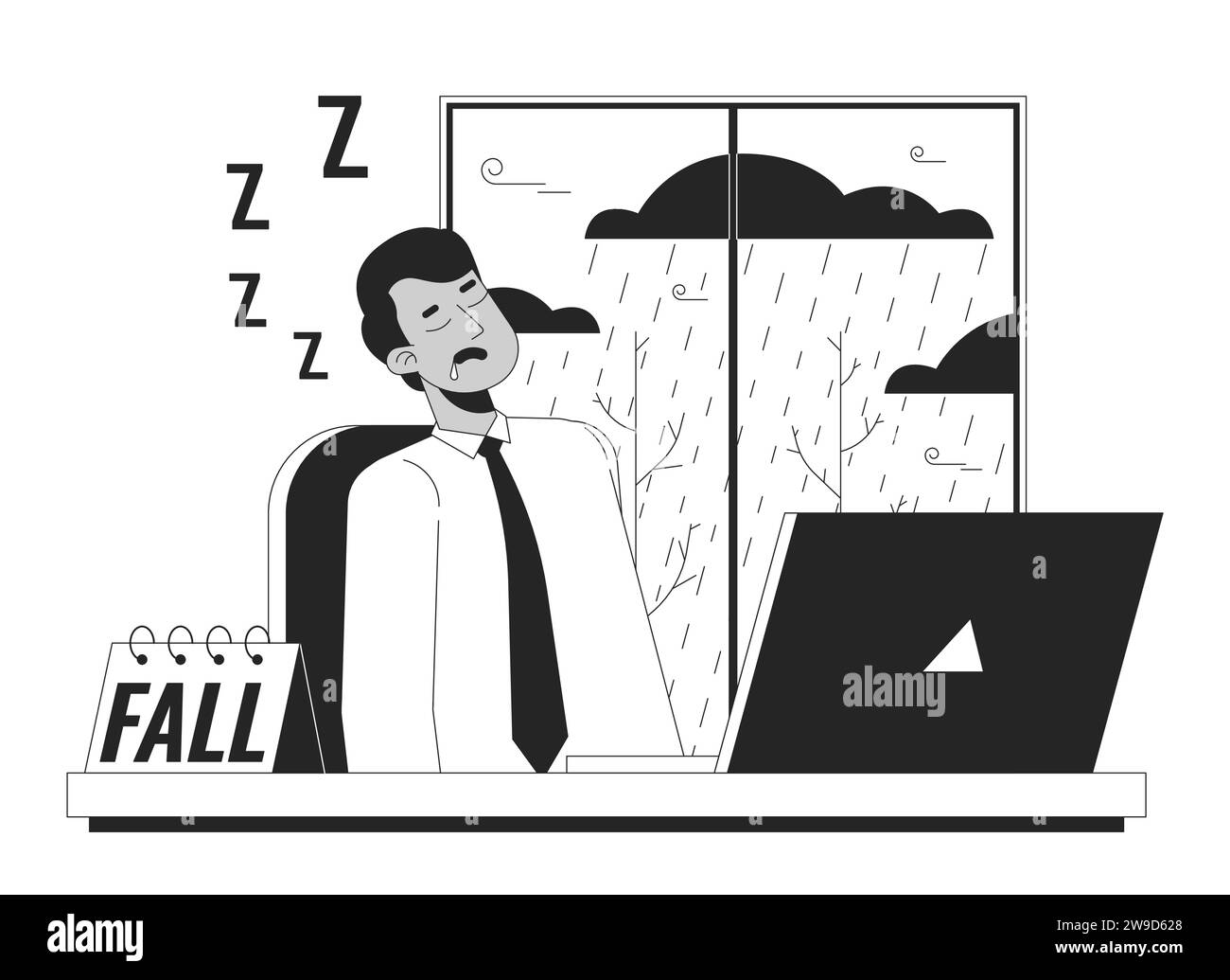 SAD fatigue workplace black and white cartoon flat illustration Stock ...