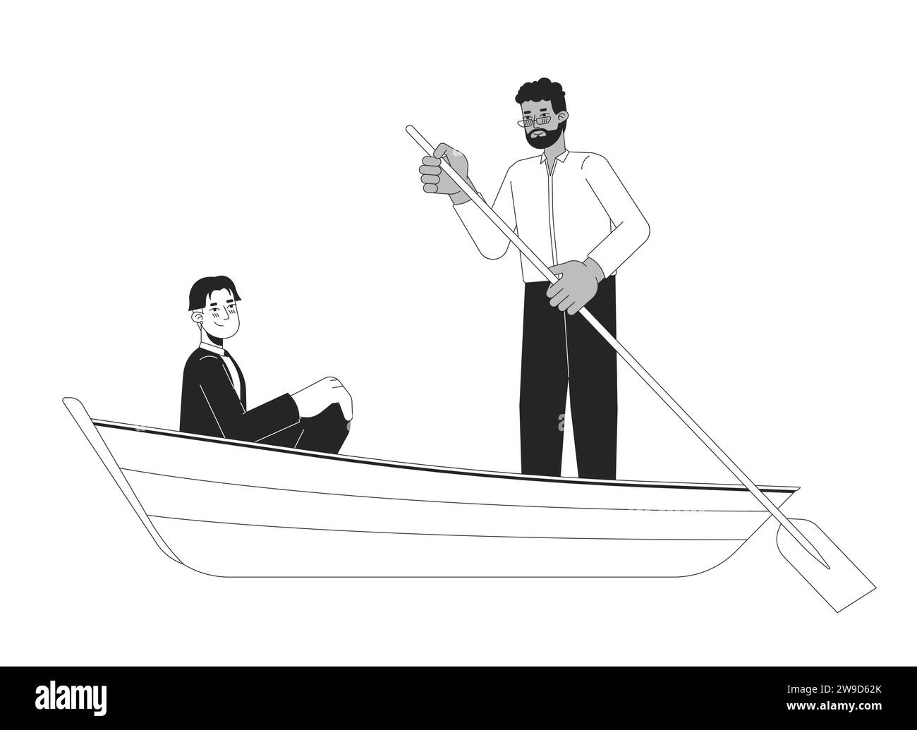 Interracial gay men on romantic boat ride black and white 2D line ...