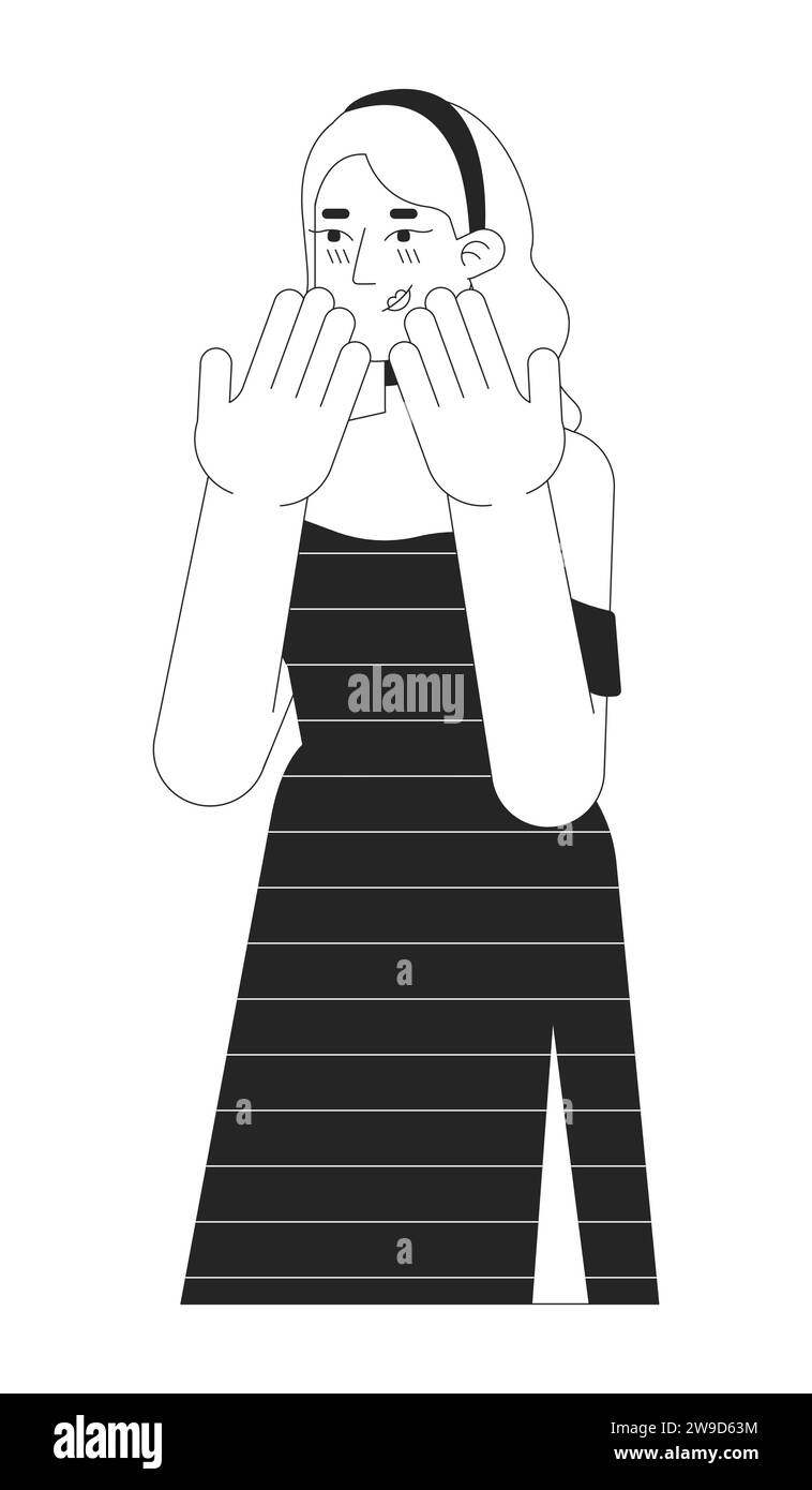 Excited shy caucasian young woman black and white 2D line cartoon ...